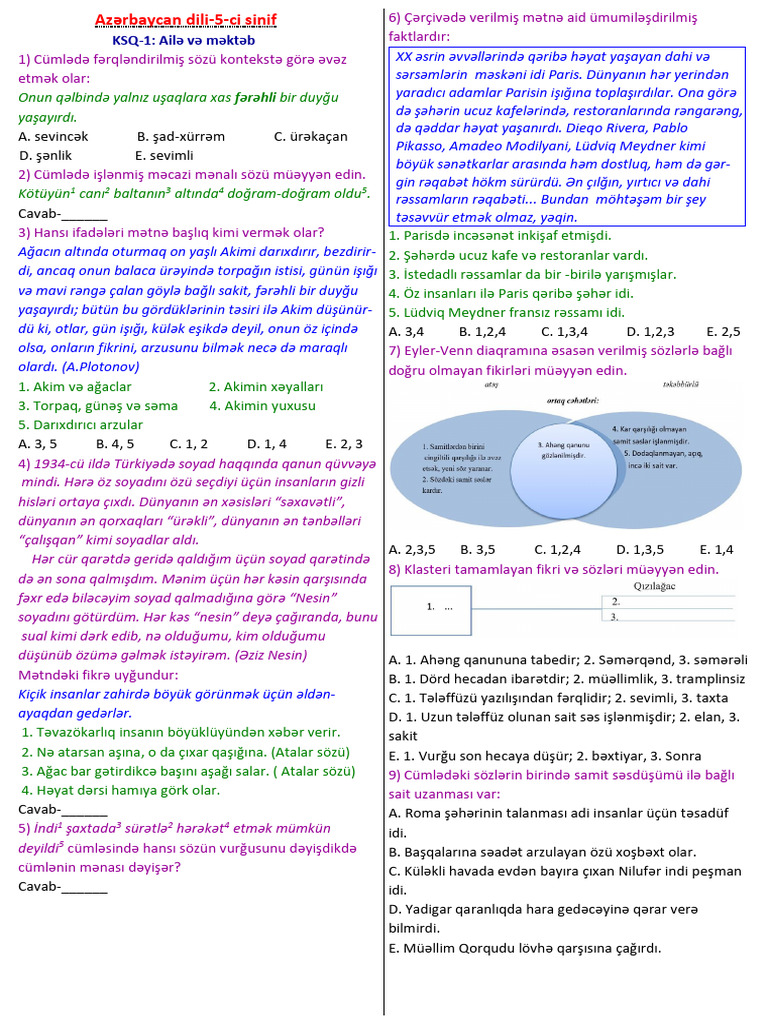 Azərbaycan Dili 5 Ci Sinif KSQ LƏR | PDF