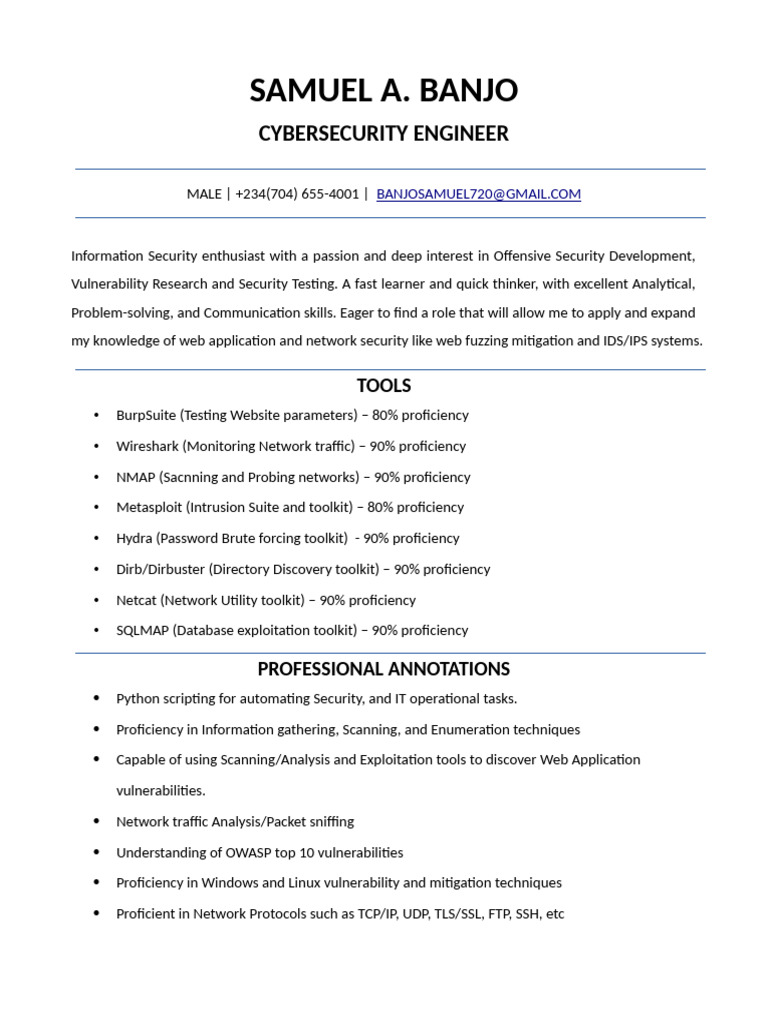 Samuel Banjo CV | PDF | Security | Computer Security