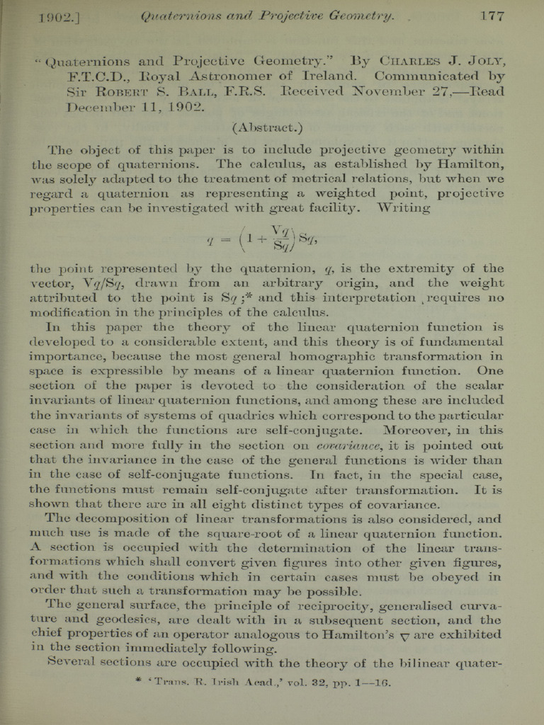 Joly Ball 1997 Quaternions and Projective Geometry | PDF | Projective Geometry | Geometry