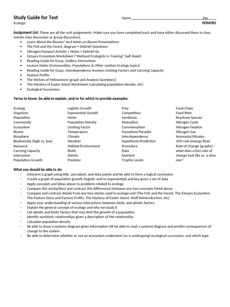 Study Guide for Test - Ecology 1415h | PDF | Ecosystem | Ecology