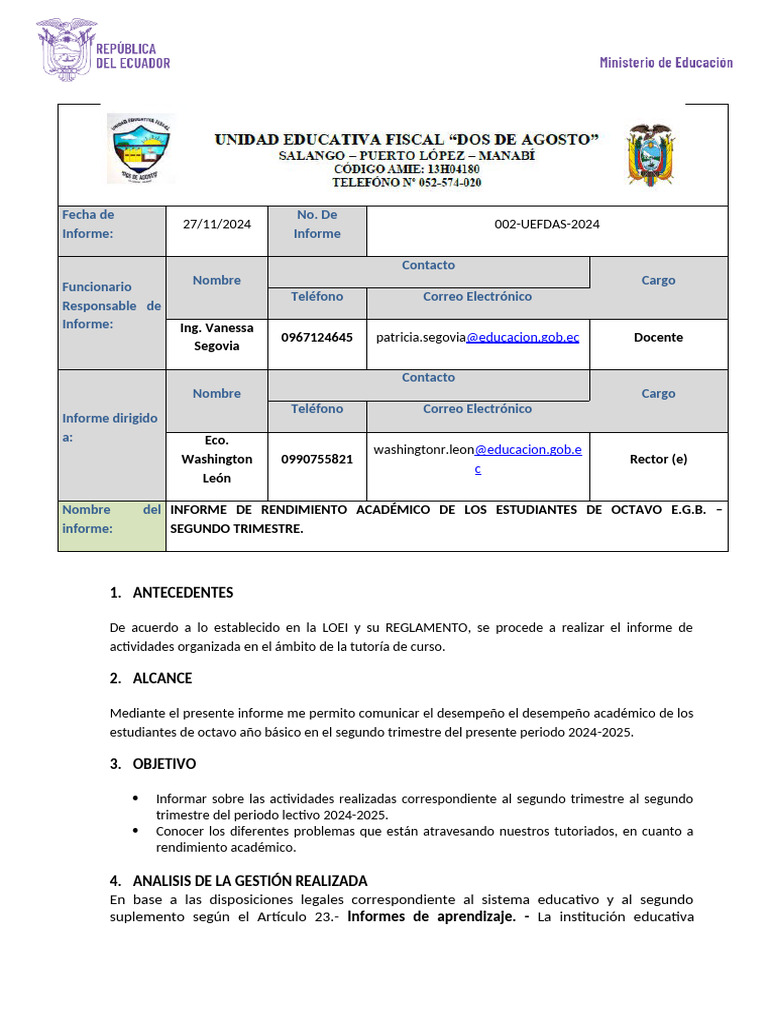 Informe Académico Octavo EGB | PDF | Aprendizaje | Modificación de comportamiento