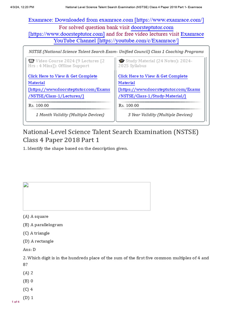 NSTSE Class 4 Paper 2018 Part 1 | PDF | Area | Geometry