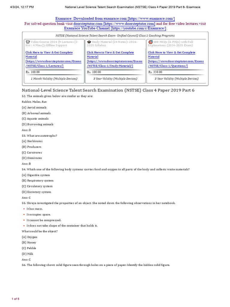 NSTSE Class 4 Paper 2019 Part 6 | PDF