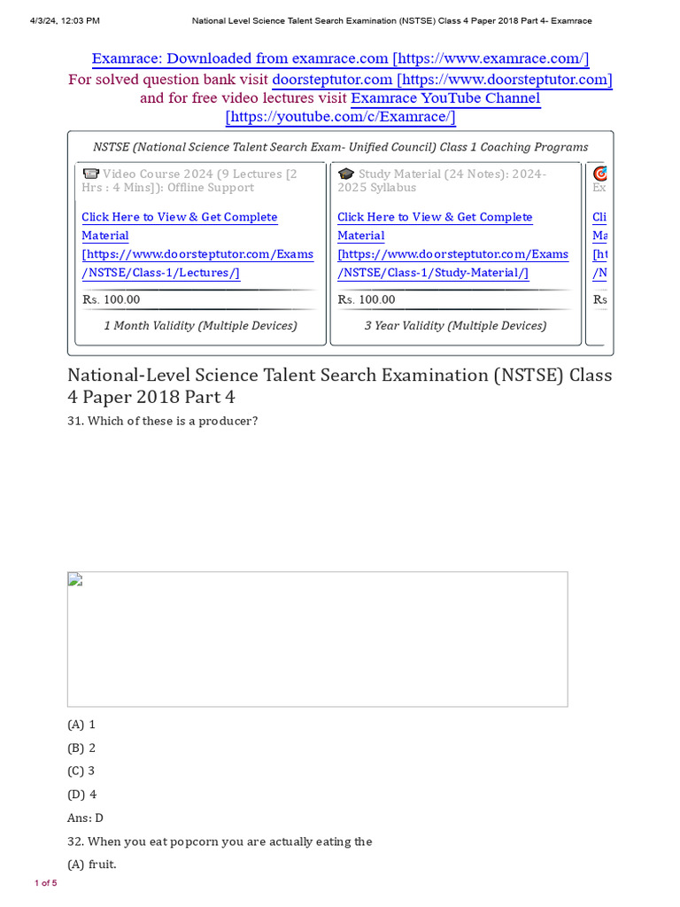 NSTSE Class 4 Paper 2018 Part 4 | PDF | Physical Sciences | Astronomy