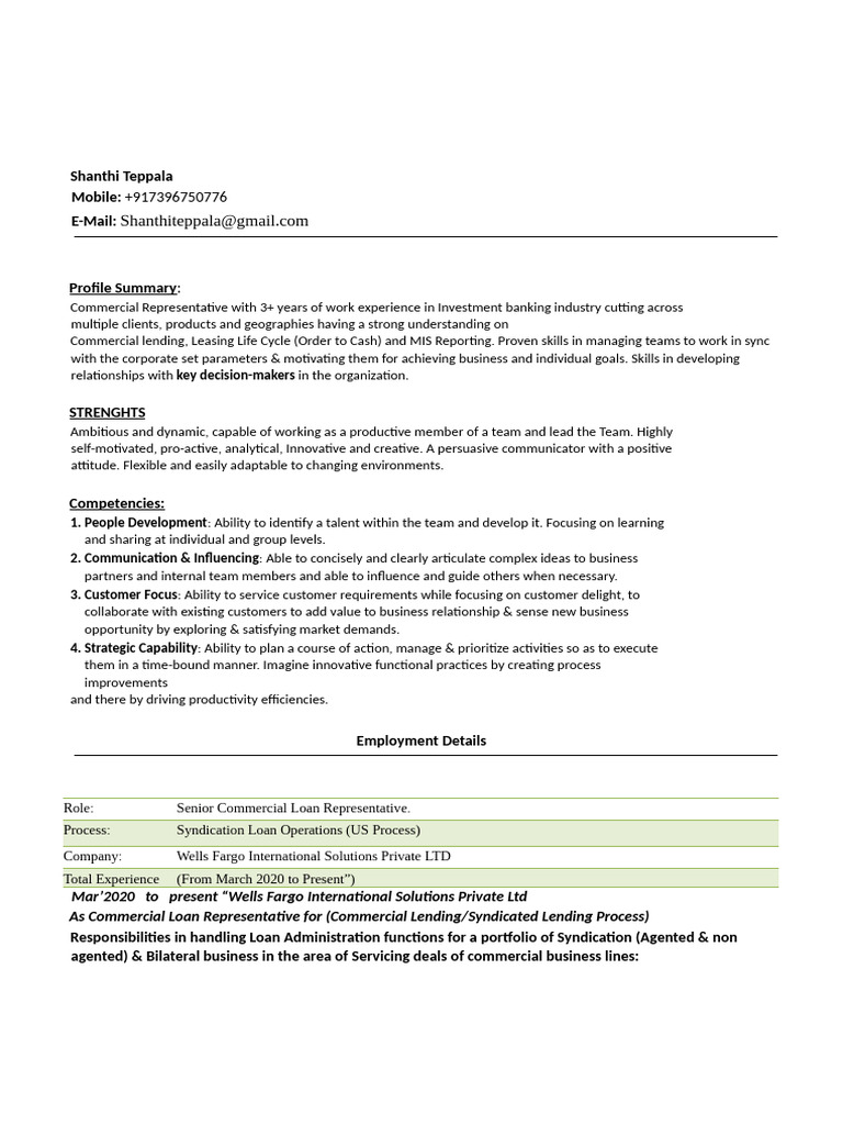 Senior Commercial Loan Representative Resume | PDF | Syndicated Loan ...