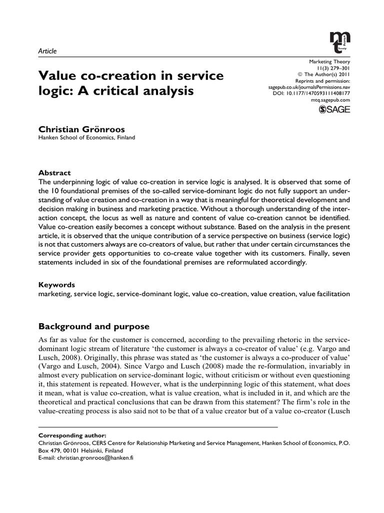 Analyzing Value Co-Creation in Service Logic | PDF | Logic | Marketing