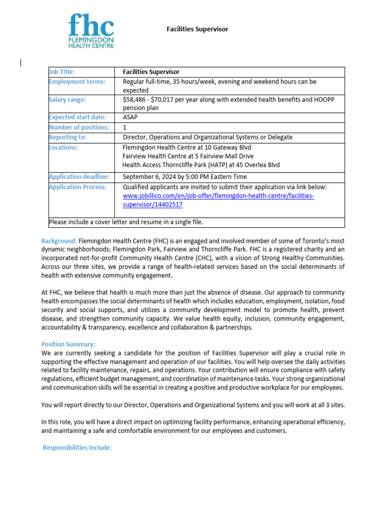 Job Posting Facilities Supervisor Aug 2024 | PDF | Occupational Safety ...
