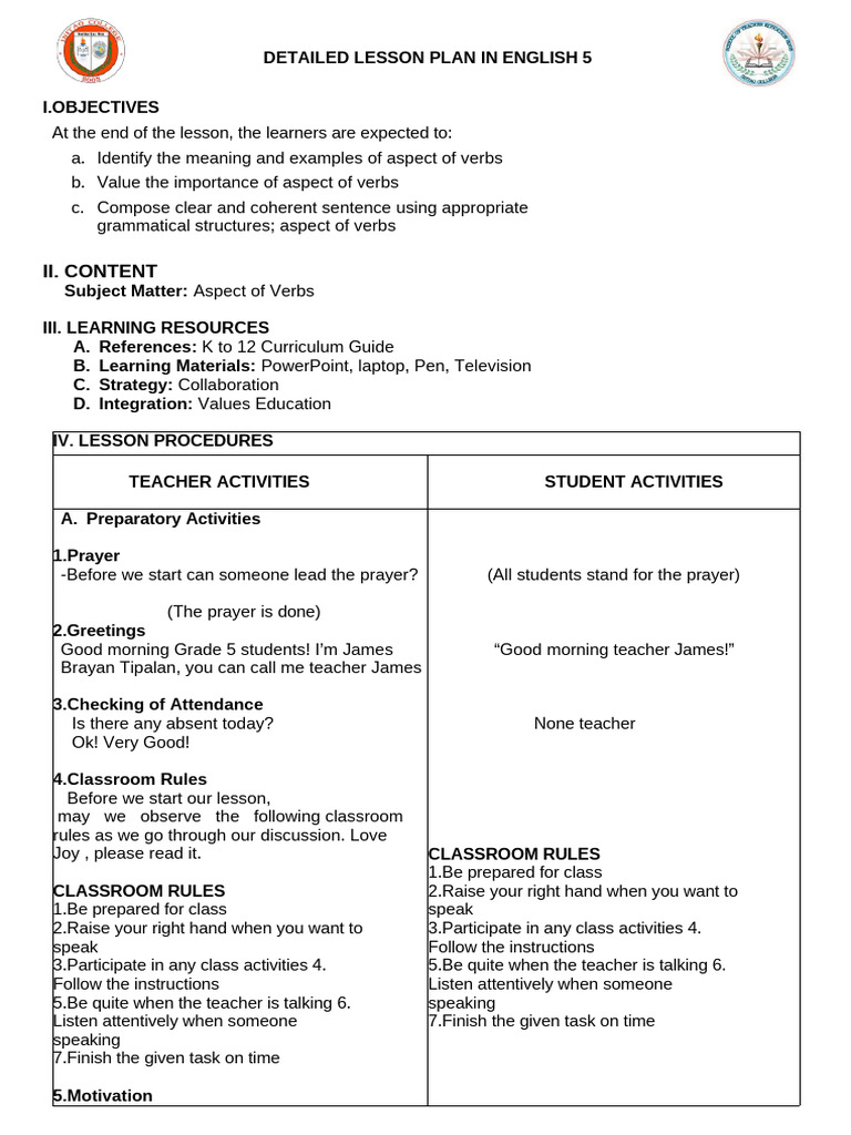 Detailed Lesson Plan 1 | PDF | Grammatical Tense | Lesson Plan