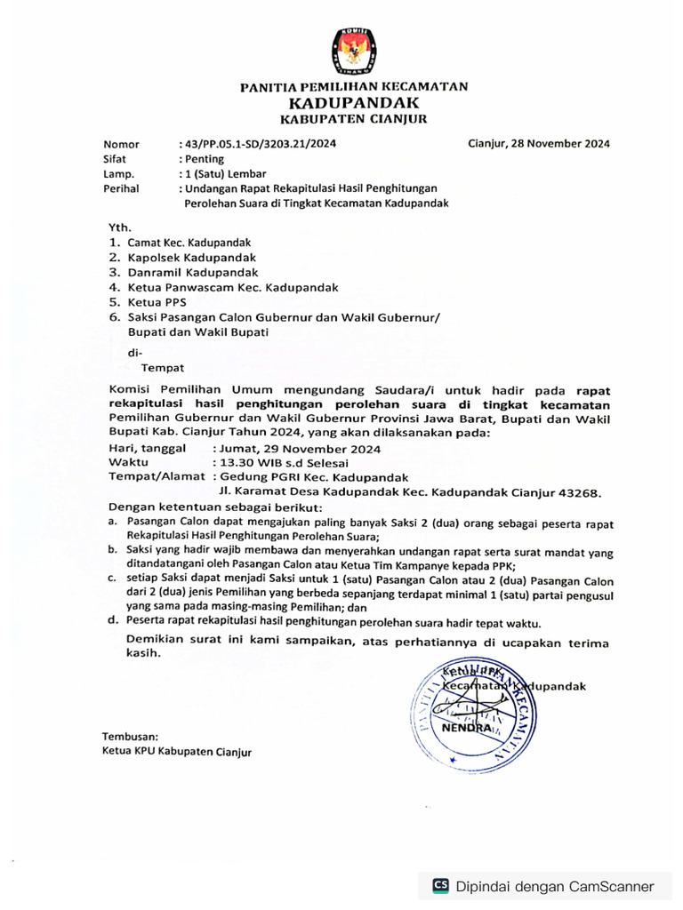 Undangan Rapat Pleno Rekapitulasi Pilkada Tingkat Kecamatan Kadupandak ...