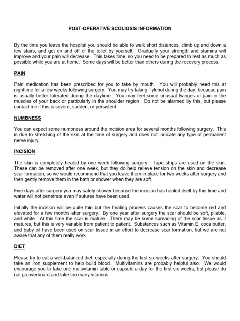 Scoliosis Post Op Instructions | PDF | Surgery | Bone