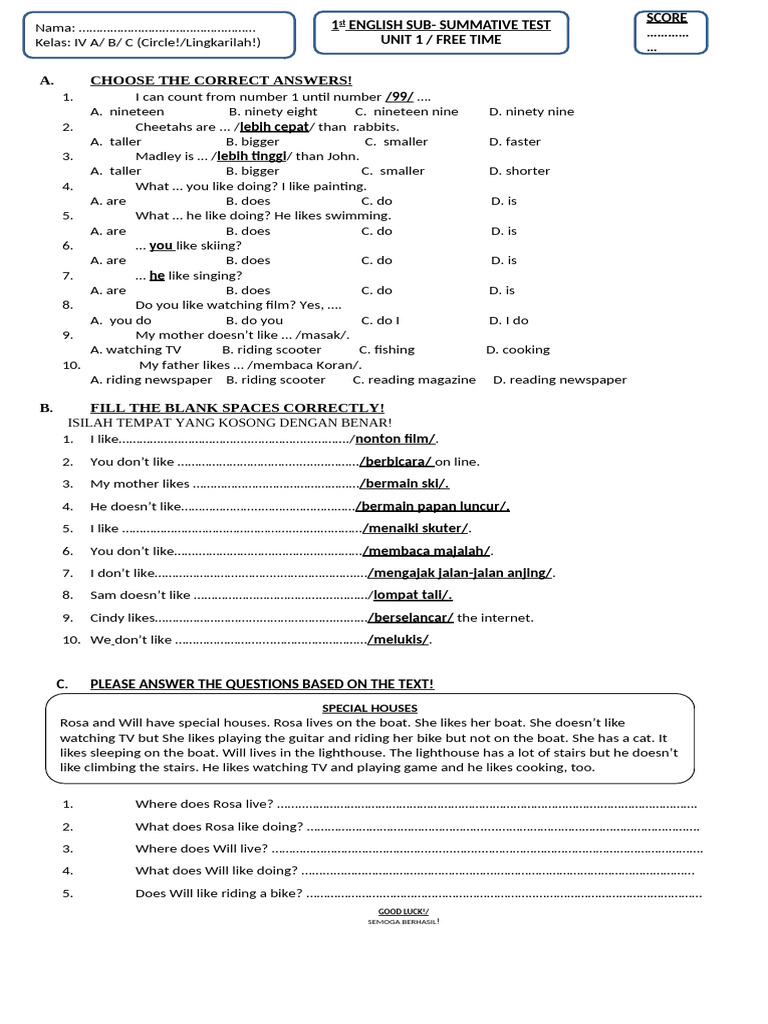 1st ENG. SUB SUM UNIT 1 Class 4 24-25 | PDF