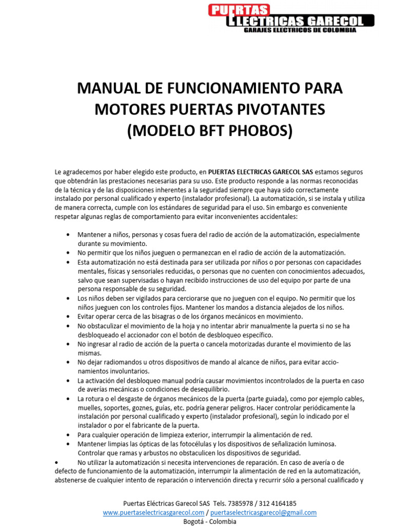 Manual de Funcionamiento BFT Phobos | PDF | Cambiar