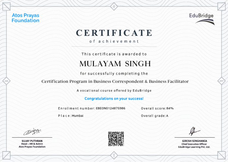 Edubridge Mulayam Singh Cerificate | PDF