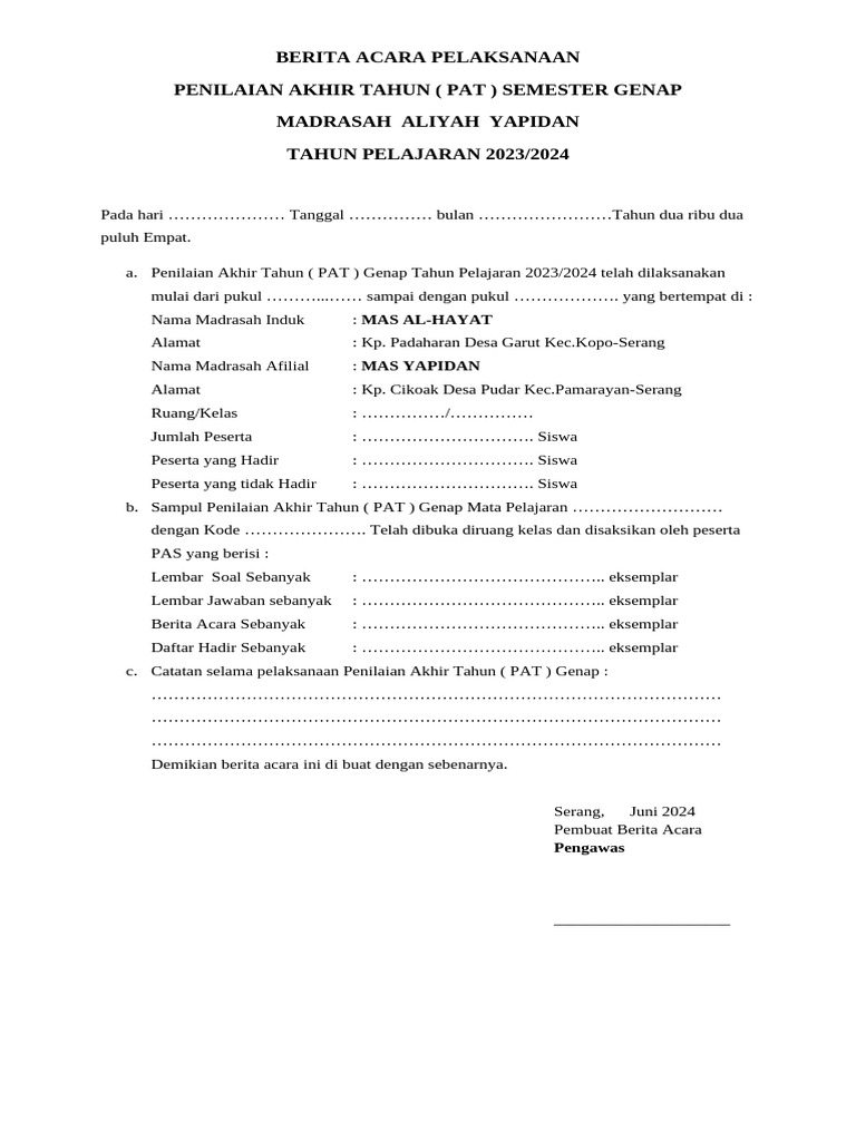 Berita Acara Pelaksanaan Pat Genap 2024 | PDF