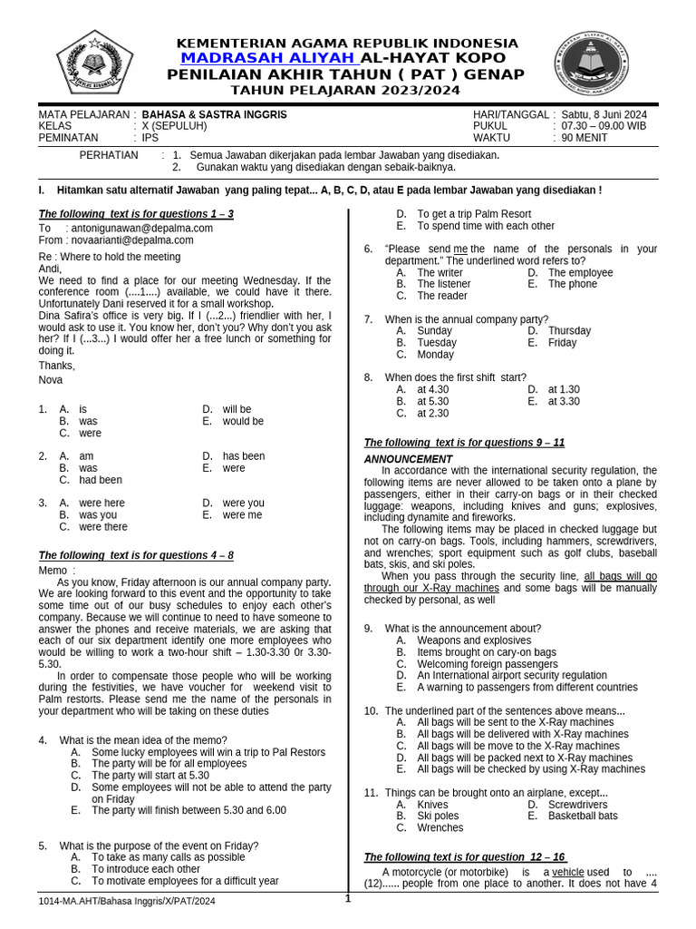 Soal PAT Kelas X - B. Sastra Inggris | PDF