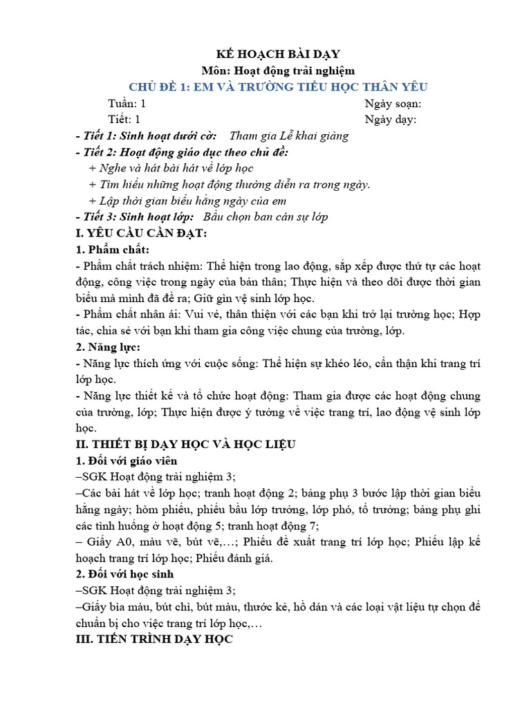 Giao An Mon Hoat Dong Trai Nghiem Lop 3 Bo Chan Troi Sang Tao Ca Nam | PDF