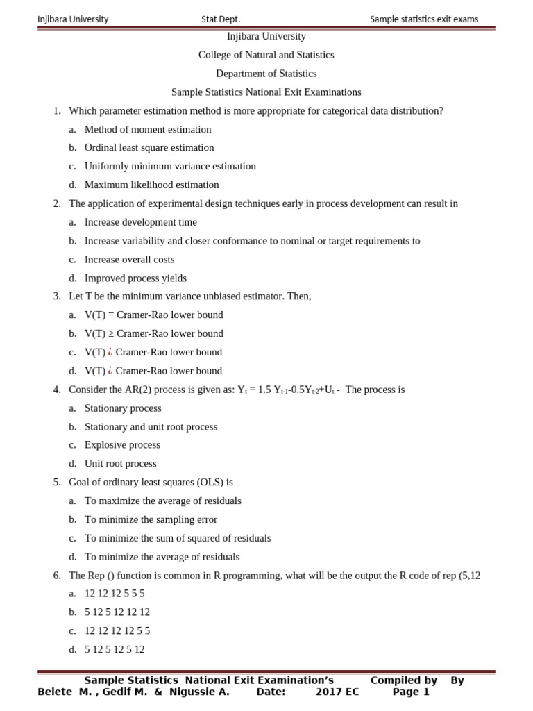 Stat Exit Exam | PDF | Estimation Theory | Errors And Residuals