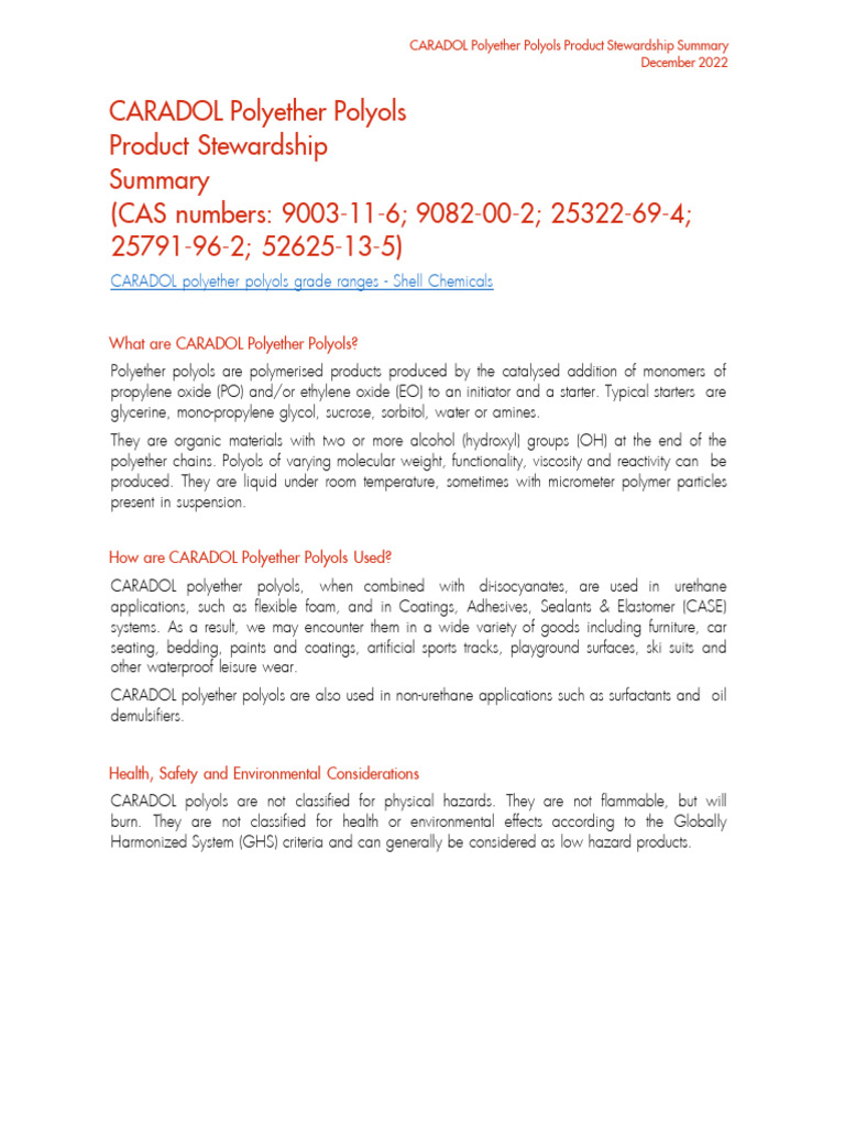 caradol-polyether-polyols-pss-dec-2022 | PDF | Materials