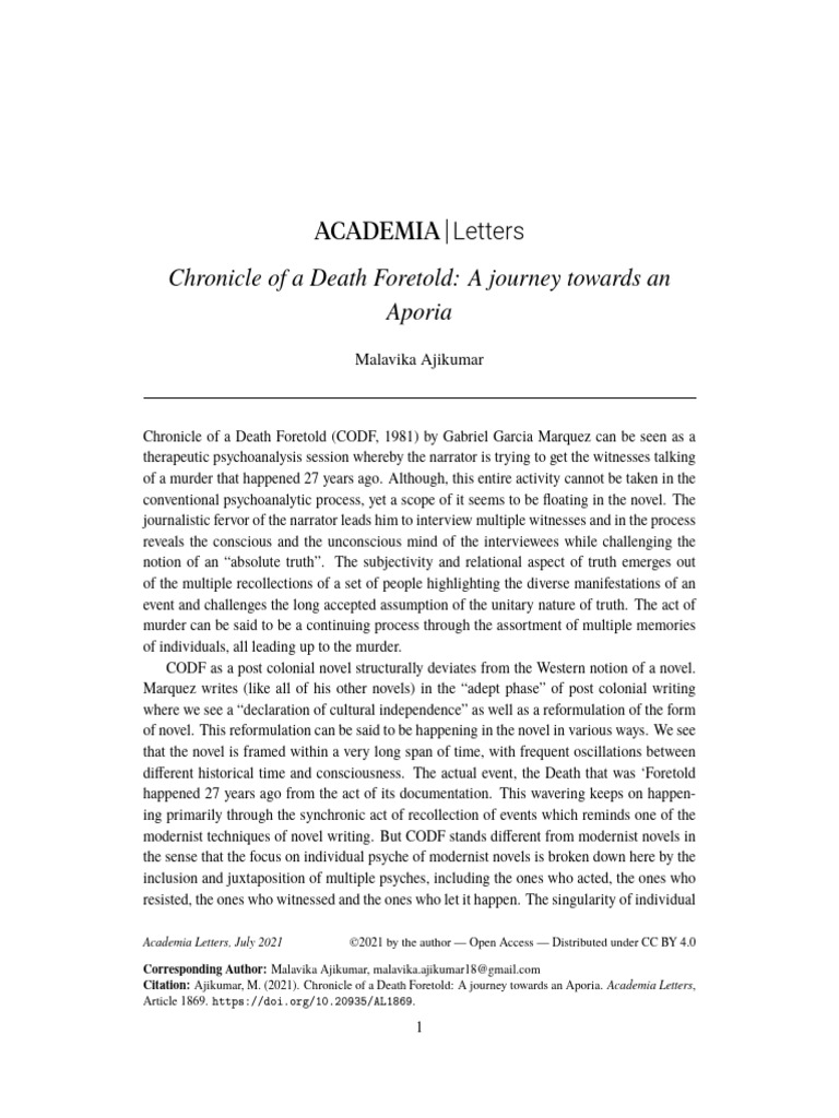Chronicle of A Death Foretold A Journey | PDF | Gabriel García Márquez ...