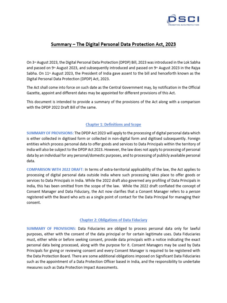 DSCI Summary-DPDP Act, 2023 | PDF | Fiduciary | Consent