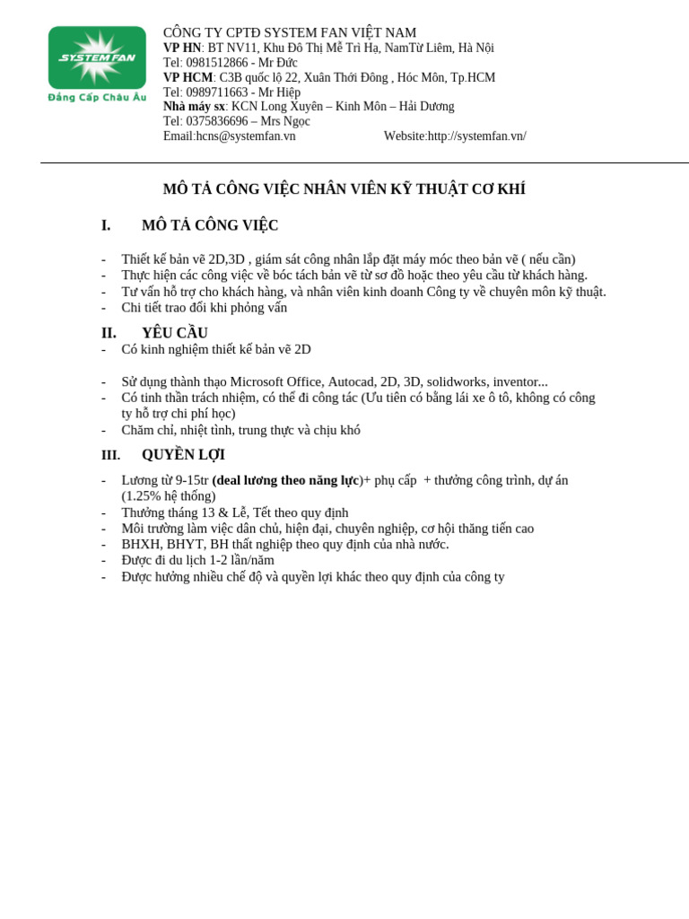 JD Kỹ Thuật HN 2024 | PDF