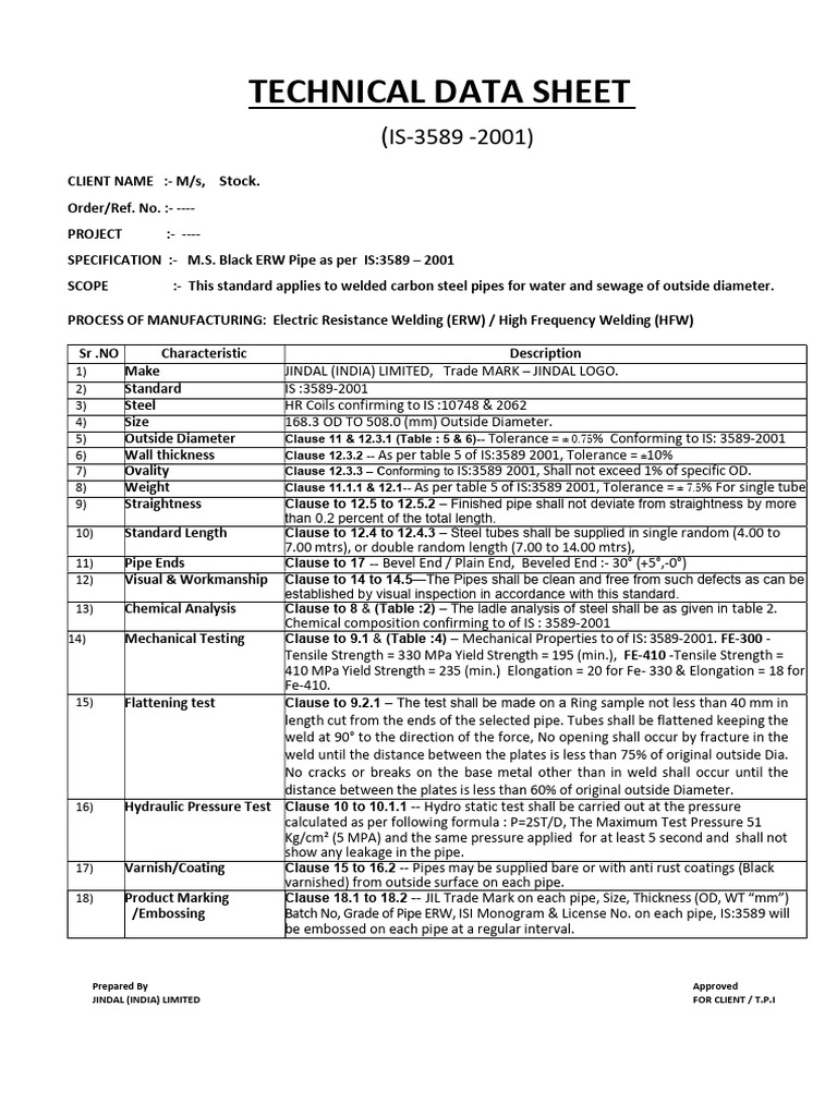 IS 3589 Technical Data Sheet | PDF | Pipe (Fluid Conveyance) | Strength ...