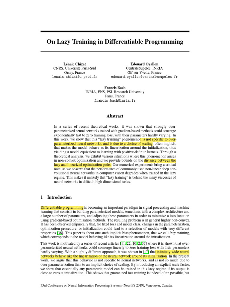 Lazy Training in Differentiable Programming | PDF | Artificial Neural Network | Mathematical ...