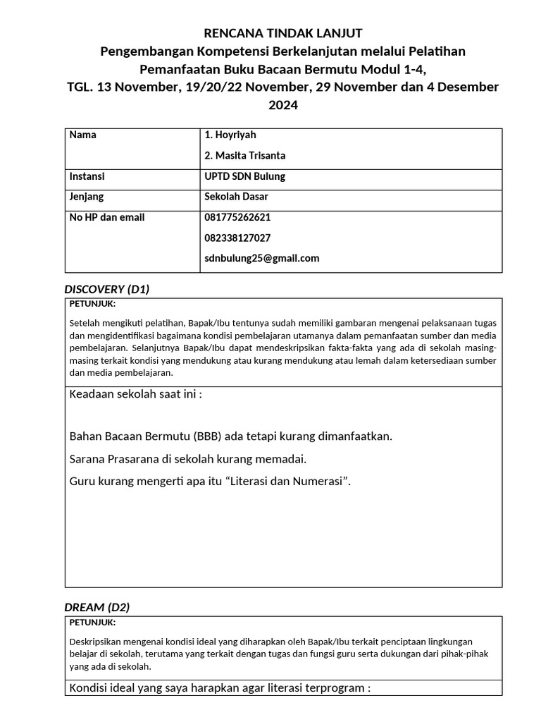RTL Pelatihan LITERASI Dan NUMERASI BBB.-1 | PDF