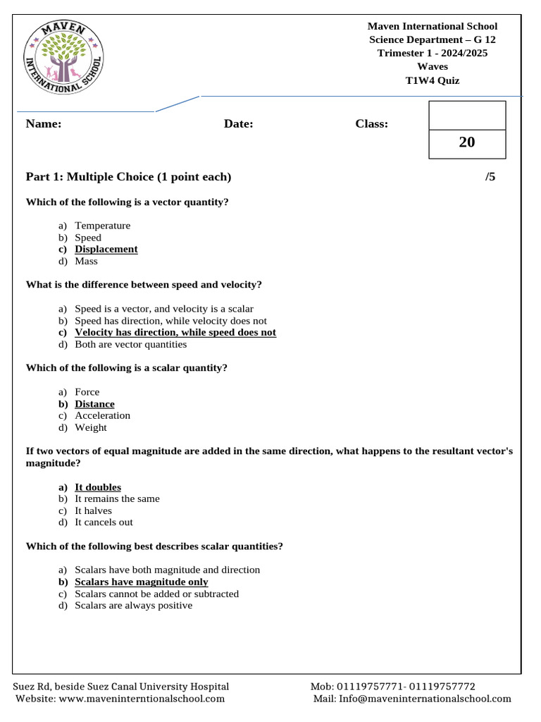 G12 Waves Quiz: Scalars vs. Vectors | PDF | Velocity | Euclidean Vector