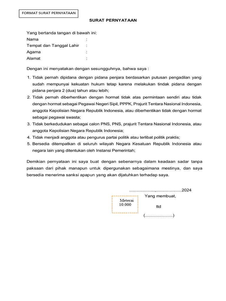 Contoh Format Surat Persyaratan PPPK 2024 Prov Kepri | PDF