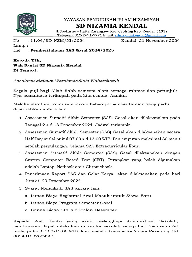 Pemberitahuan Sas Gasal 2024-2025 | PDF
