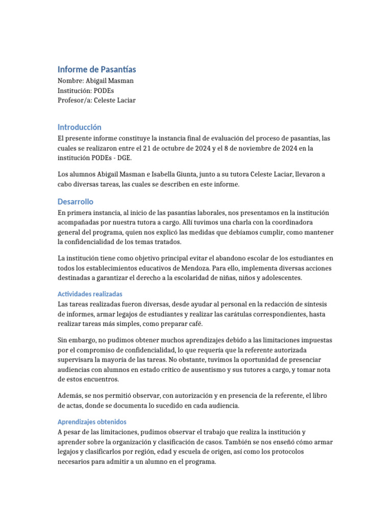 Informe Pasantías Abigail Masman | PDF | Aprendizaje | Cognición
