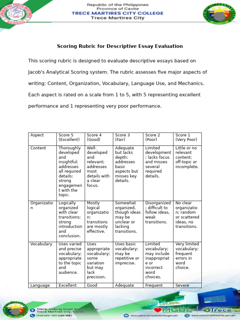 Scoring Rubric for Descriptive Essay Evaluation - Copy | PDF | Rubric ...