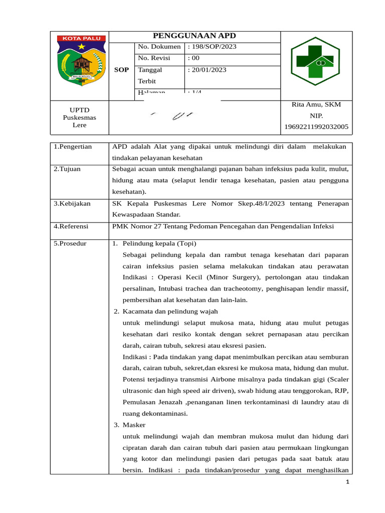 SOP Penggunaan APD di Puskesmas | PDF