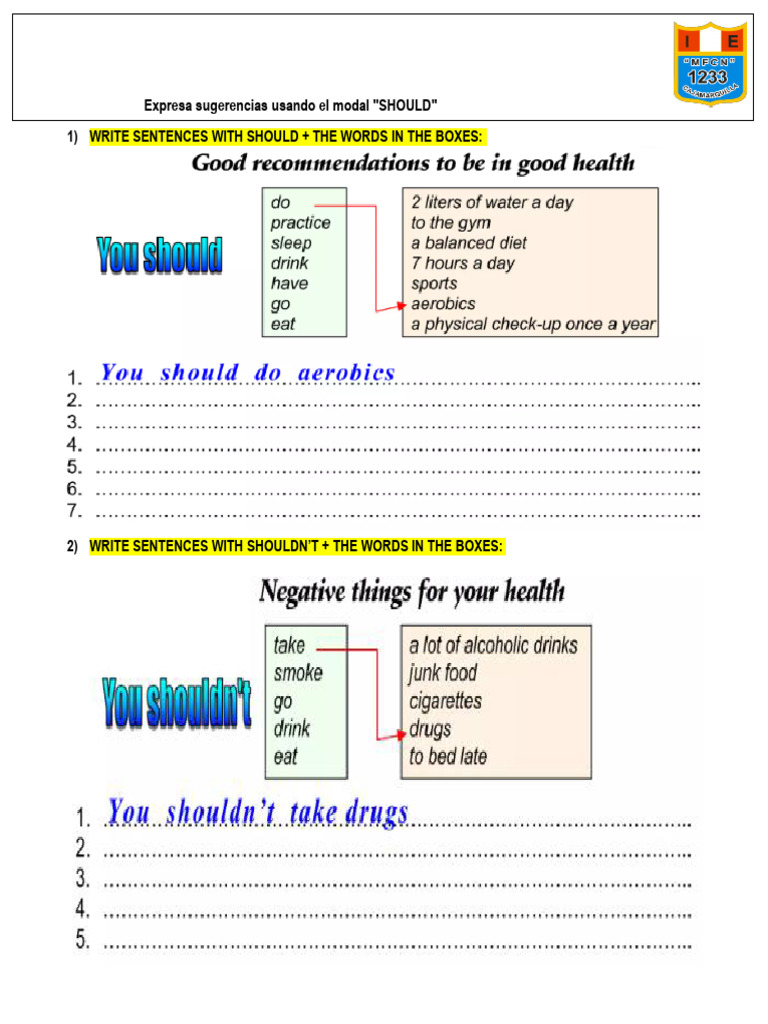 1) Write Sentences With Should + The Words in The Boxes: Expresa ...