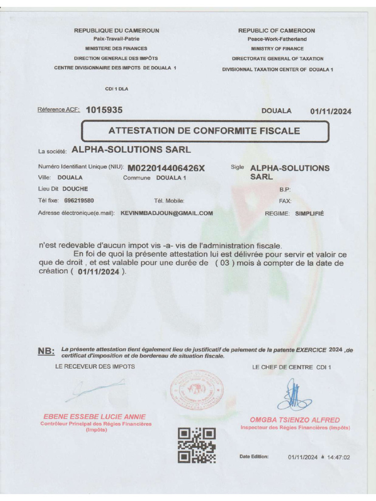 Attestation de Conformité Fiscale Alpha Solutions | PDF