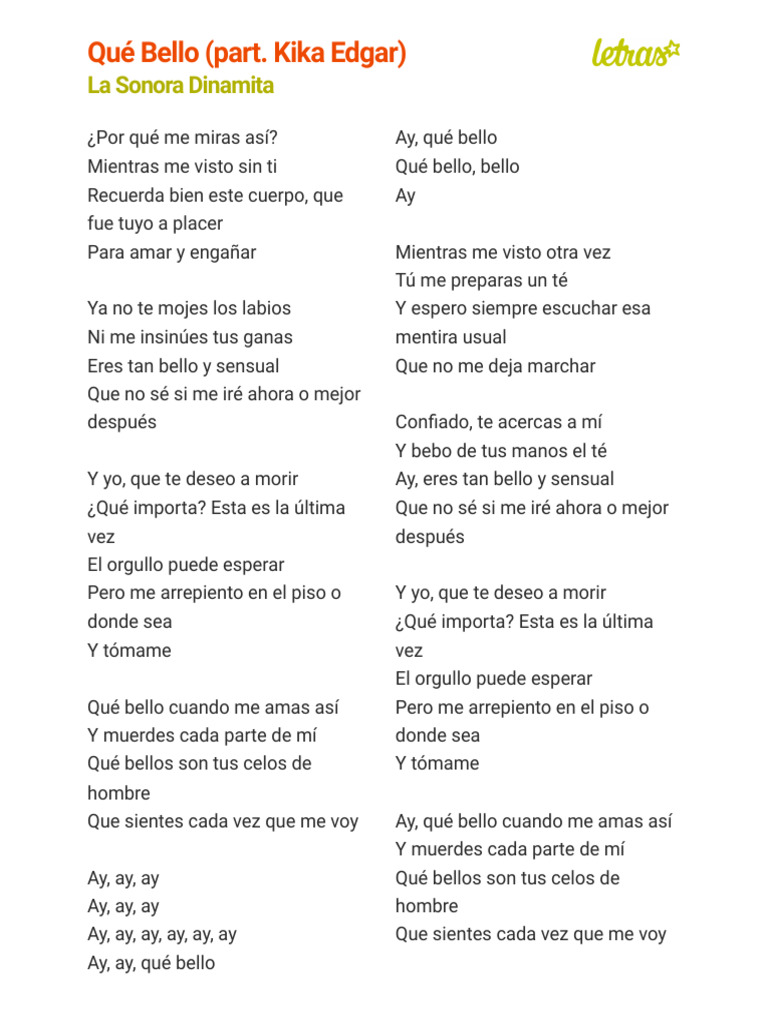 QUÉ BELLO (PART. KIKA EDGAR) - La Sonora Dinamita (Impresión) | PDF
