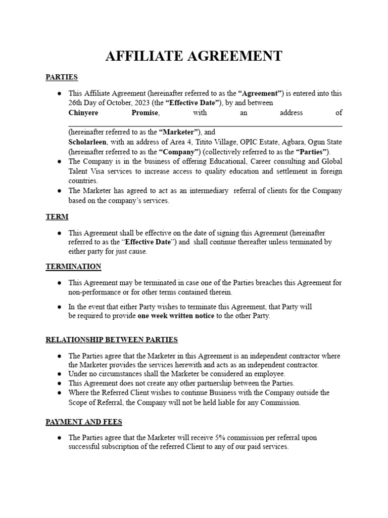 (Chinyere) Affiliate Agreement | PDF | Indemnity | Business Law