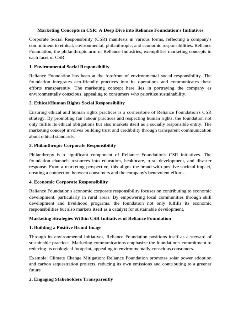 CSR Marketing by Reliance Foundation | PDF | Corporate Social ...
