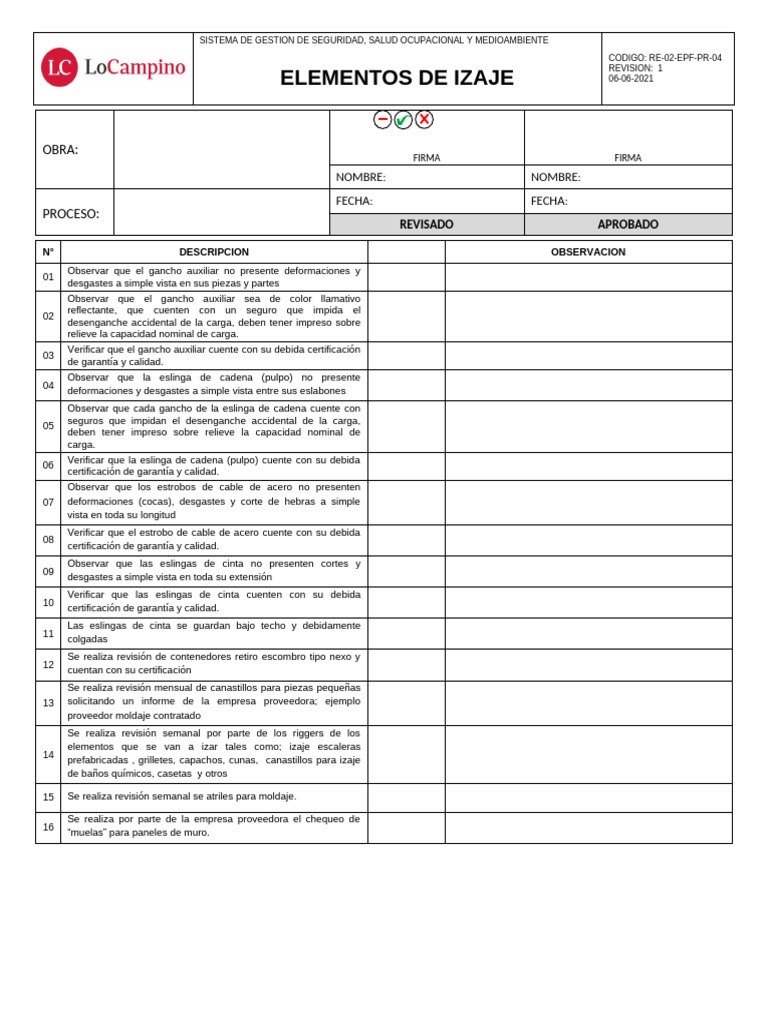 RE-02-EPF-PR-04 LCH Elementos de Izaje Rev.01 | PDF