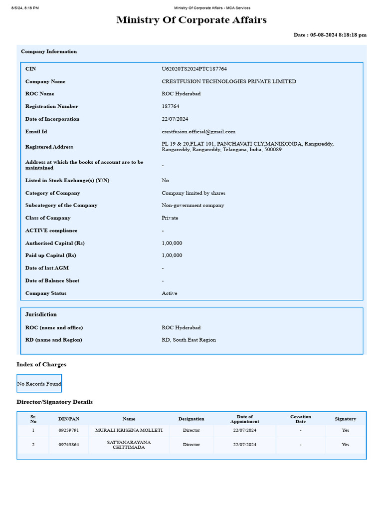 Crest Ministry of Corporate Affairs - MCA Services | PDF | Corporations | Business