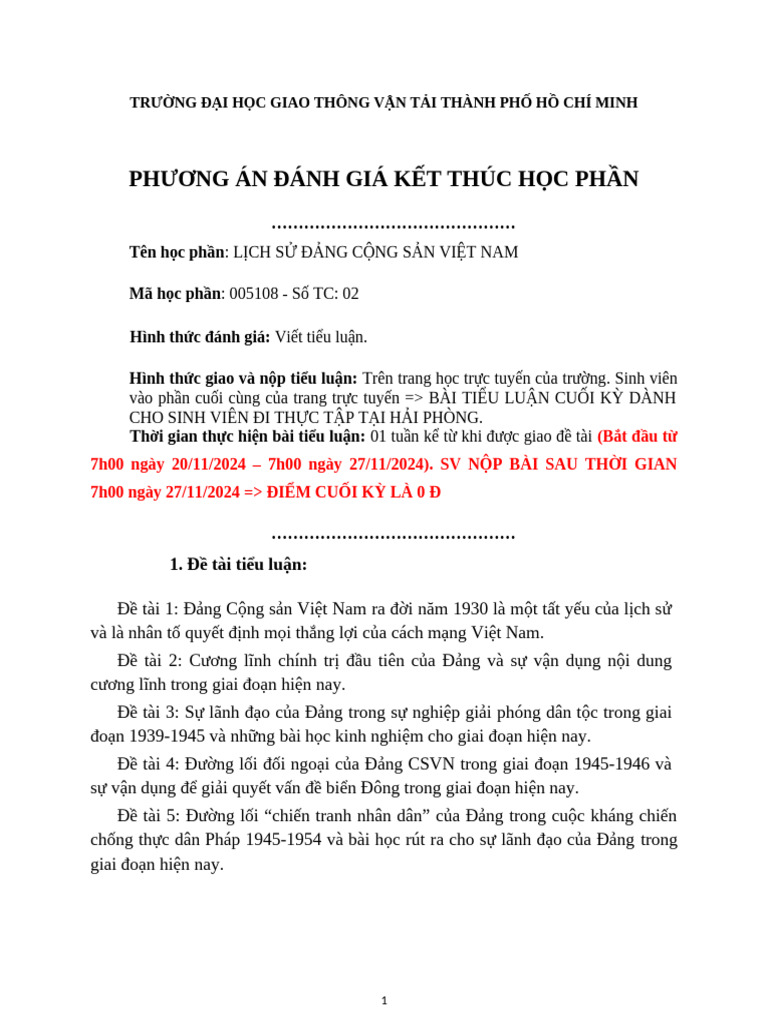 Chủ đề làm tiểu luận LS Đảng CSVN - 30T | PDF