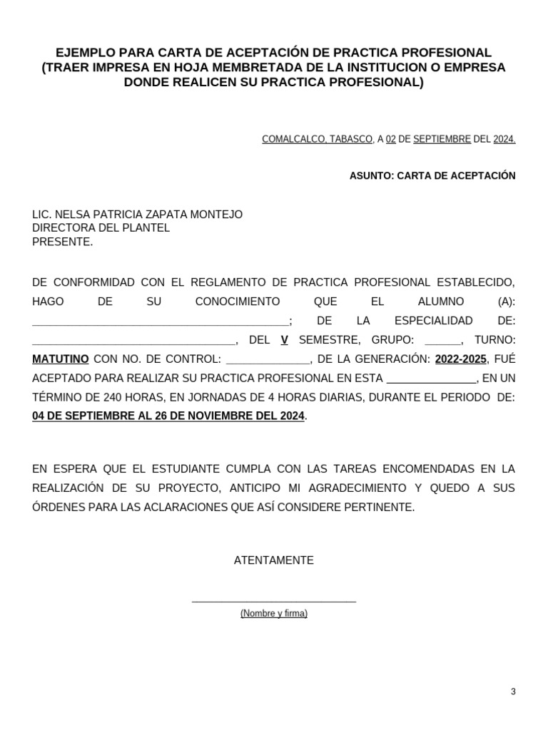 EJEMPLO DE CARTA DE ACEPTACION | PDF