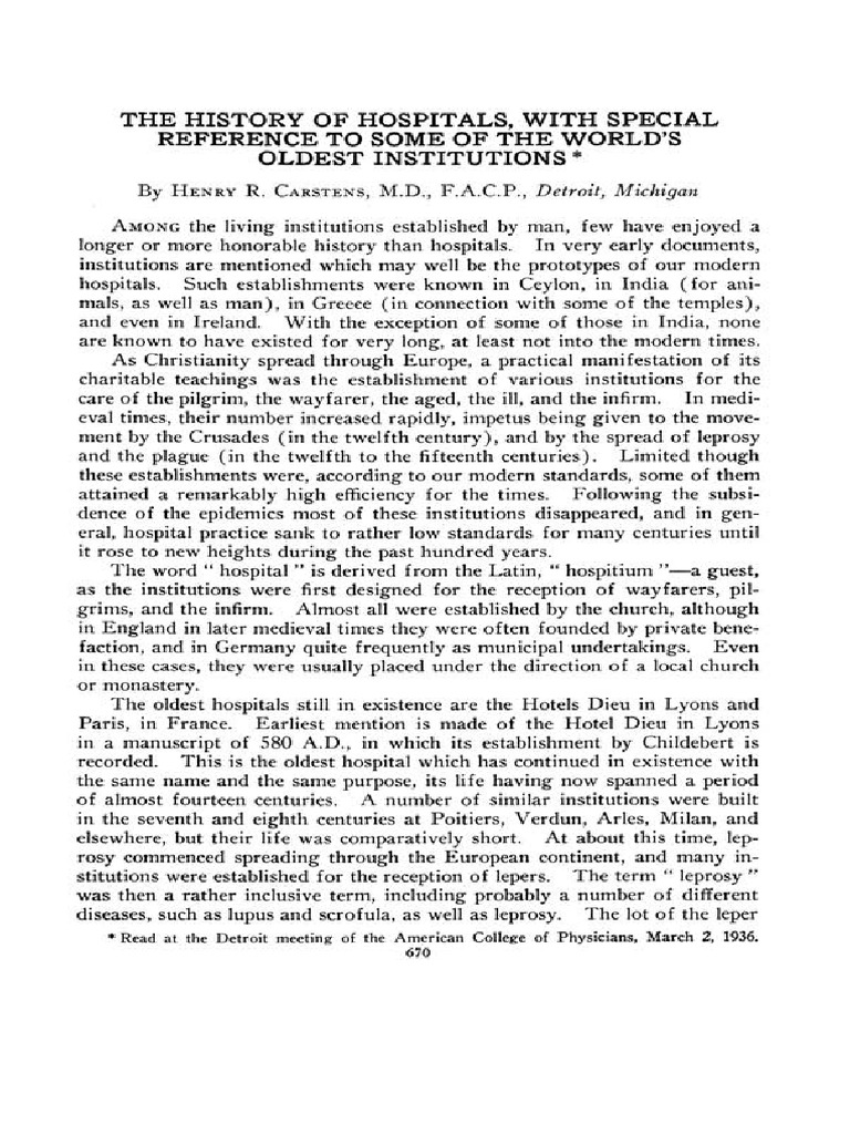 The History of Hospitals With Special Reference to Some of the w 1936 | PDF