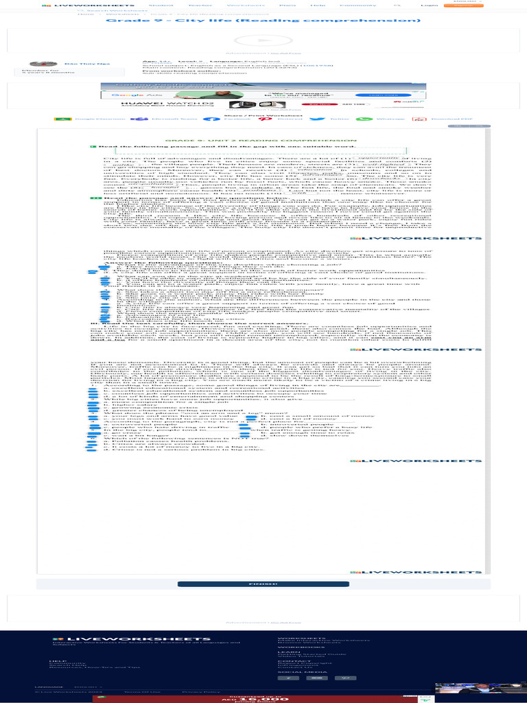Grade 9 - City Life (Reading Comprehension) 1316582 Đào | PDF