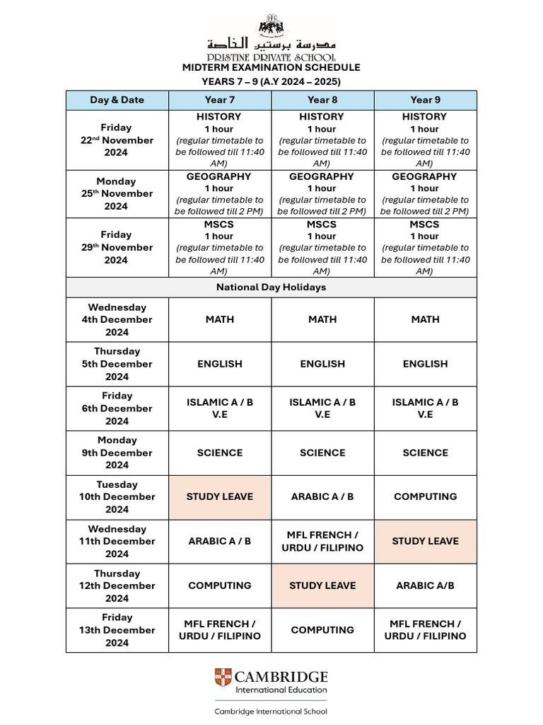 Years 7-9 Midterm Timetable | PDF