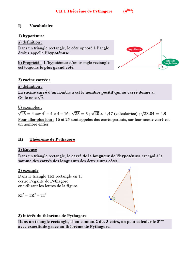 Théorème de Pythagore en 4ème | PDF