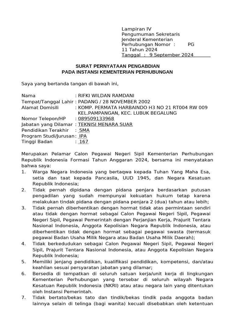 Format Surat Pernyataan Pengabdian RIFKI | PDF