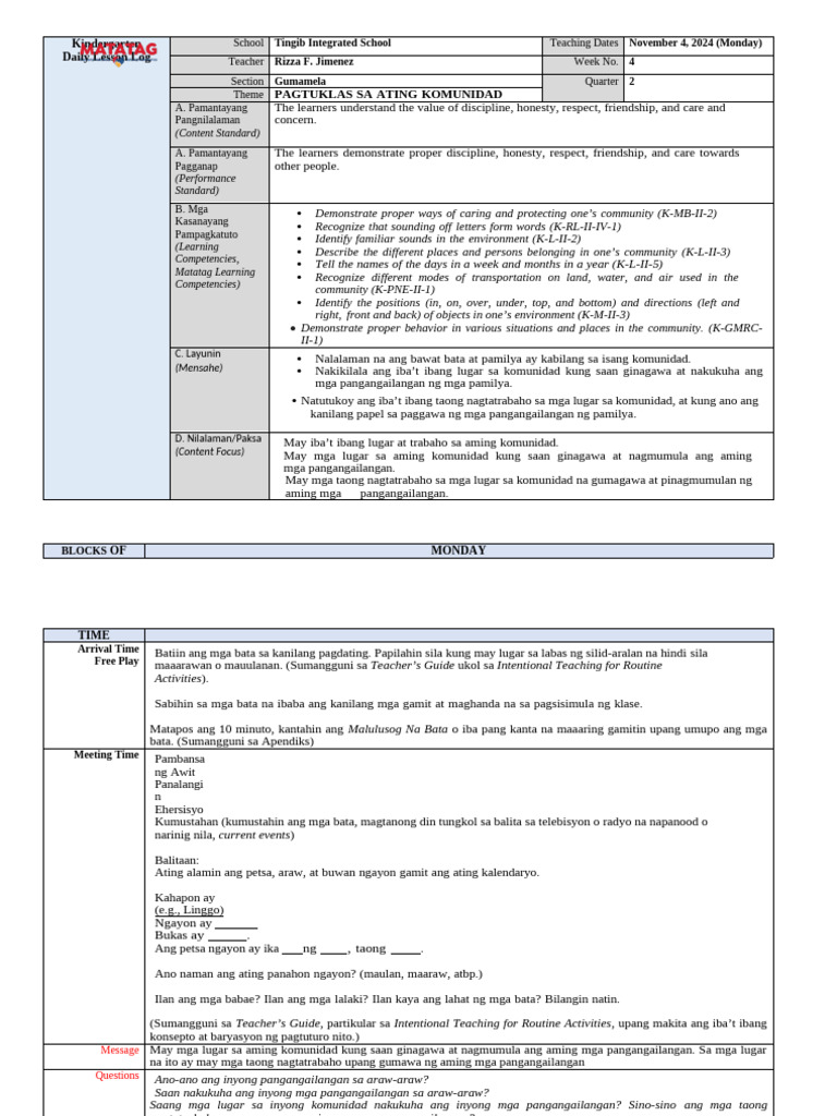 Kindergarten-DLL-MATATAG-Q2-Week-4-Day-1-nOVEMber-4-2024-mONday | PDF