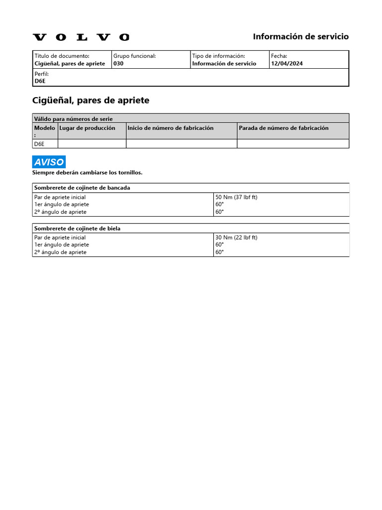Torque de Biela y Bancada D6E | PDF